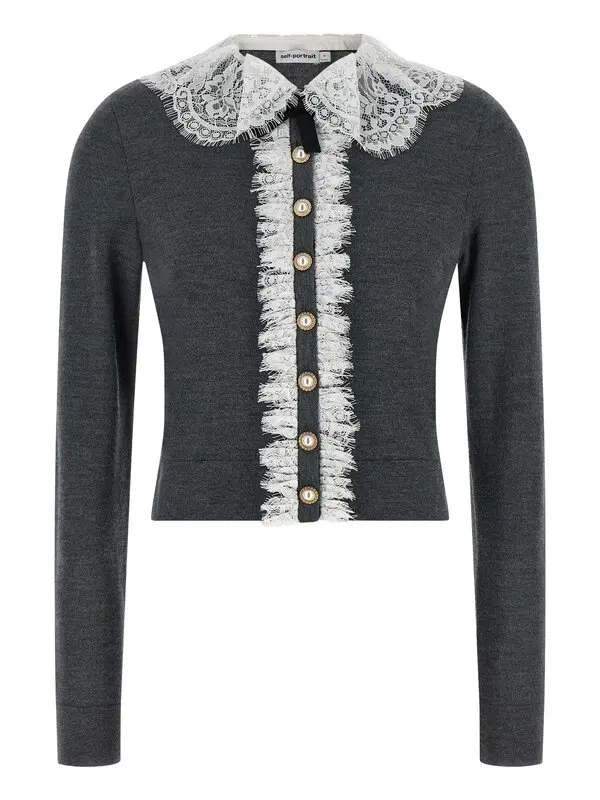 SELF-PORTRAIT Lace Collar Knit Cardigan - Gray
