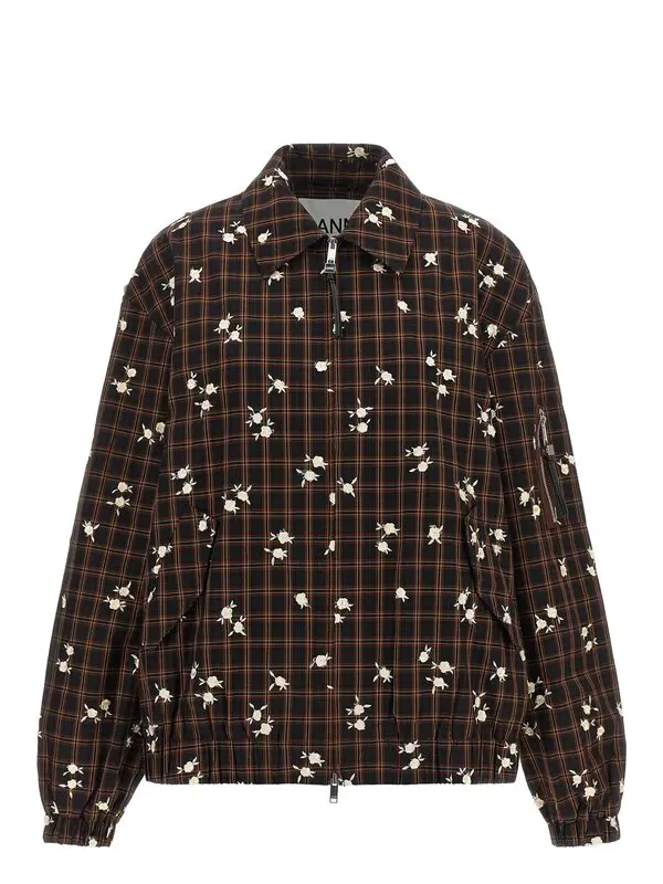 GANNI Check Flower' Bomber Jacket - Brown