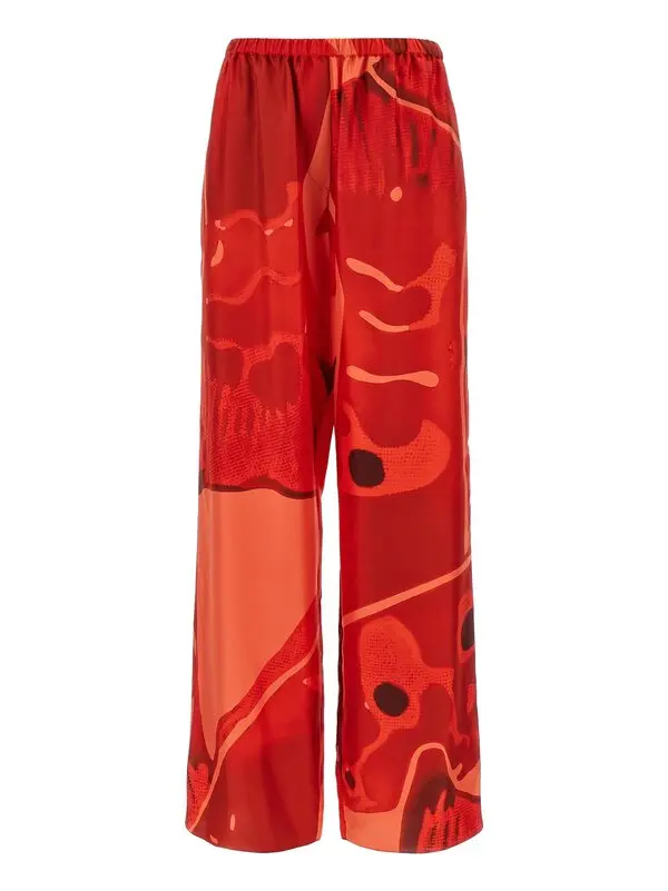 FERRAGAMO Printed Silk Palazzo Trousers - Red