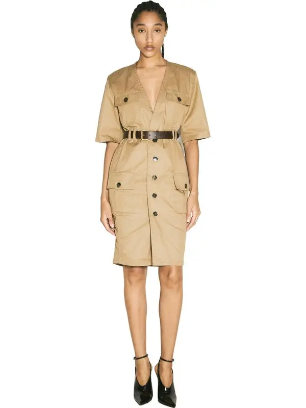 Saint Laurent Cotton Gabardine Utility Shirt Dress - Cream