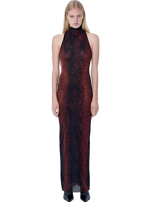 JEAN PAUL GAULTIER Mesh High Neck Python Printed Long Dress - Brown