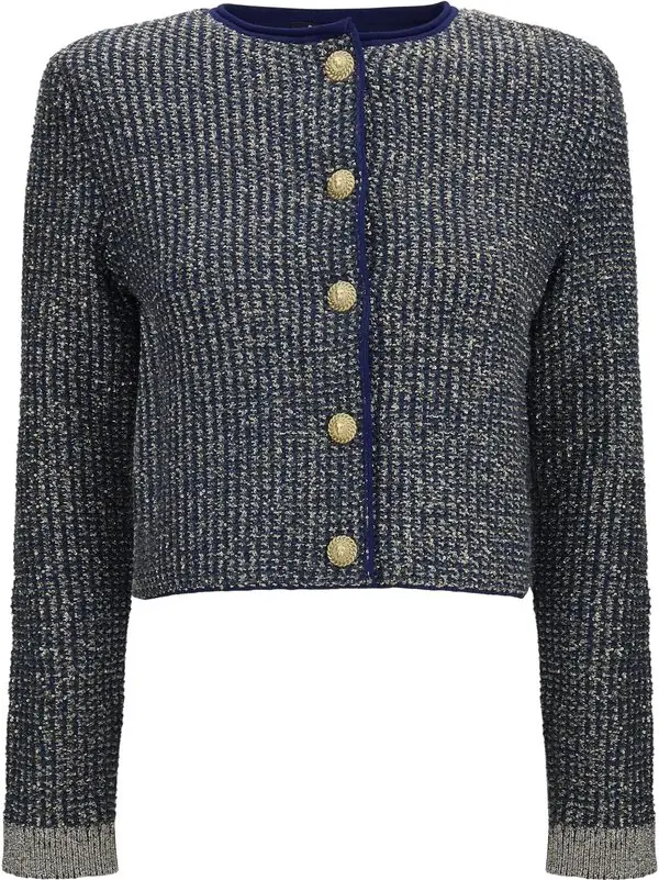 Balmain Quilted Sequin Cardigan With Decorative Buttons - Blue