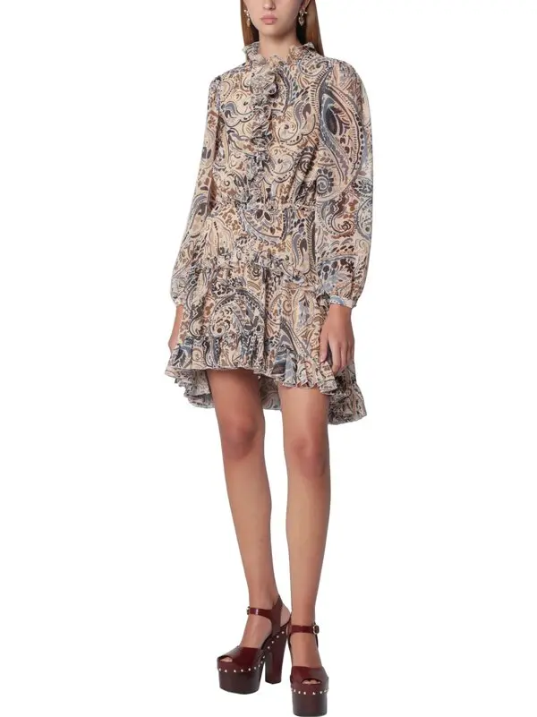 Etro Beige Ruffle Dress With Multicolour Print - Multicolor