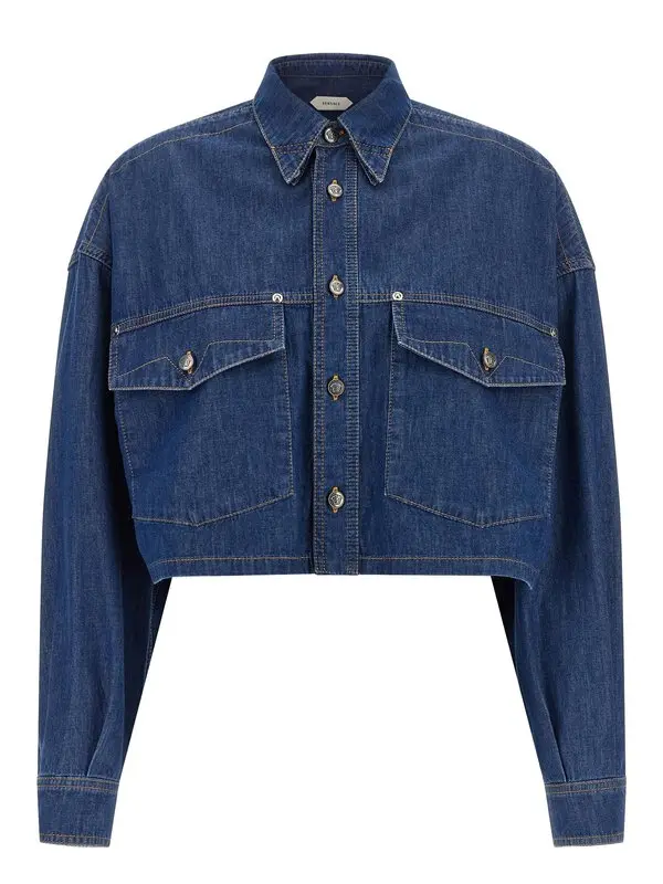 Versace Cropped Cotton Denim Shirt - Blue