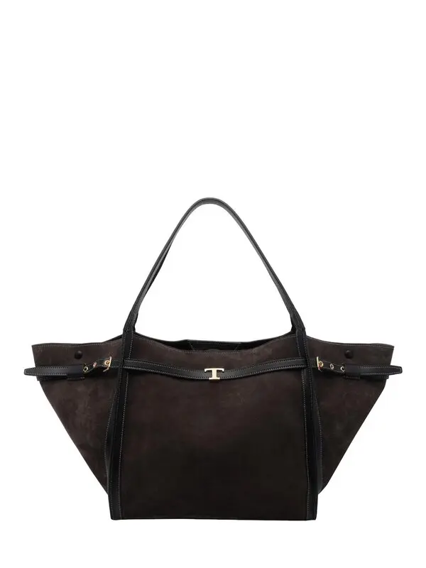 TOD'S Medium Suede T Signature Shopping Bag - Brown