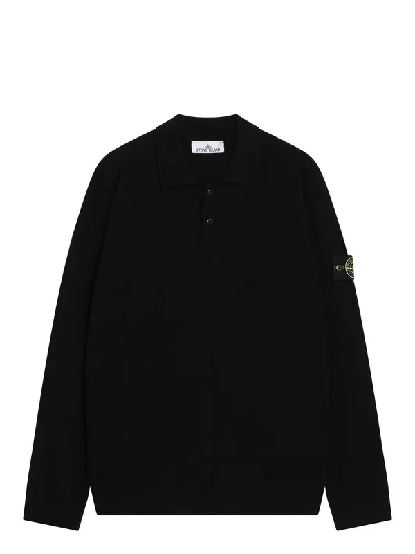 Stone Island Virgin Wool Long Sleeve Polo Sweater - Black