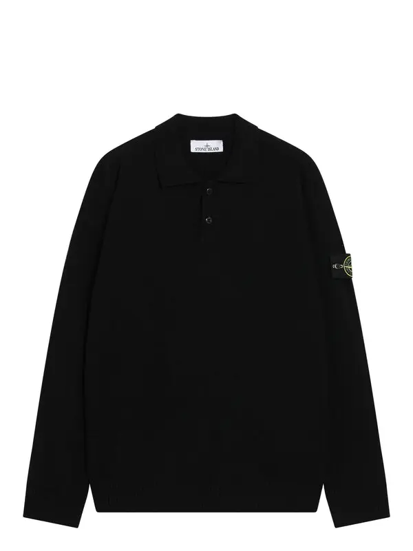 Stone Island Virgin Wool Long Sleeve Polo Sweater - Black