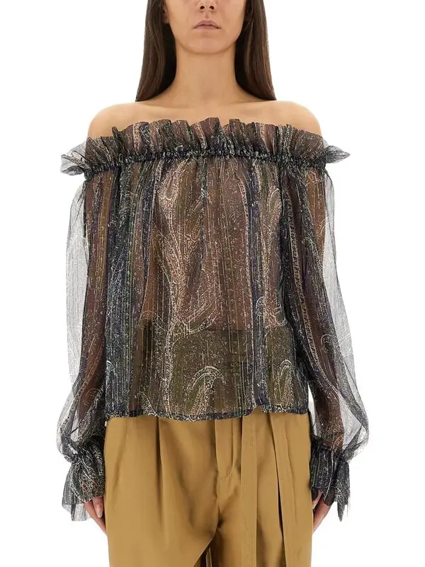 Saint Laurent Lurex Silk Creponne Off The Shoulder Top - Blue