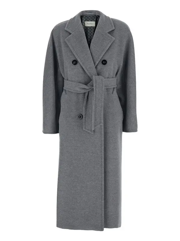 Max Mara Madame' Grey Double-breasted Coat With Notched Revers And Front Belt In Wool And Cashmere - Multicolor