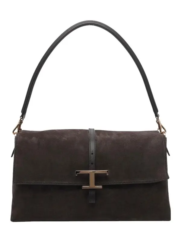 TOD'S Small T Timeless Flap Suede Shoulder Bag - Brown