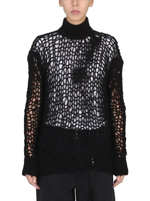 ANN DEMEULEMEESTER Leontine High Neck Open Knit Sweater - Black