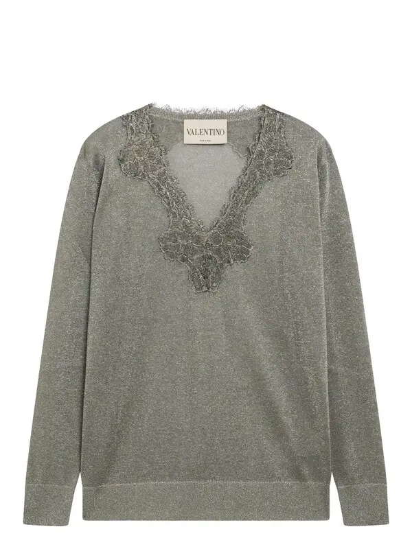 Valentino Garavani Viscose-blend Lace V-neck Sweater - Silver