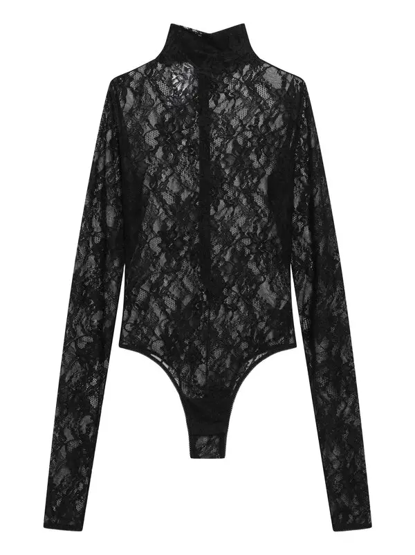 Andamane Semi-sheer Lace Turtleneck Bodysuit - Black