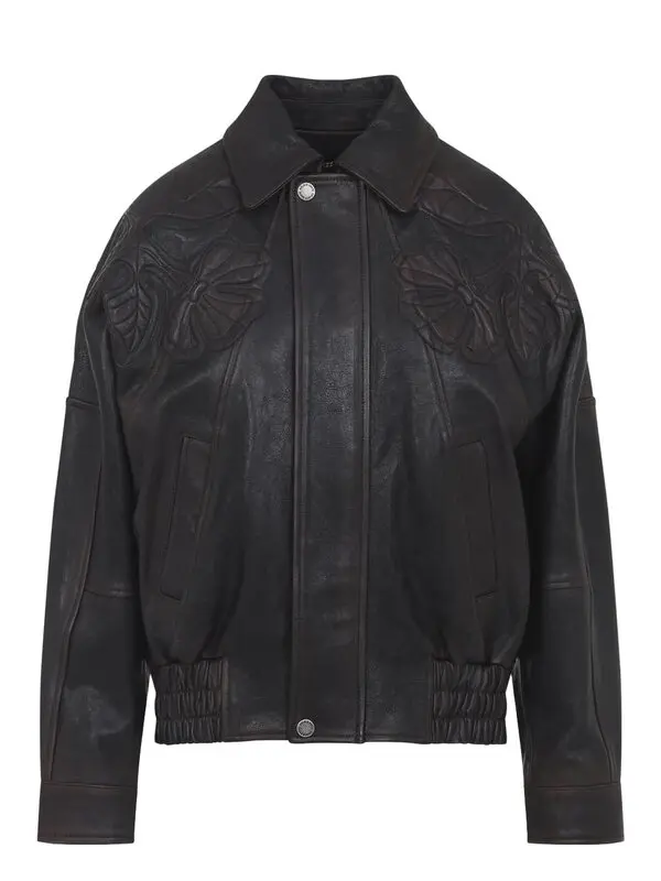 GOLDEN GOOSE Flower Embroidery Leather Jacket - Black