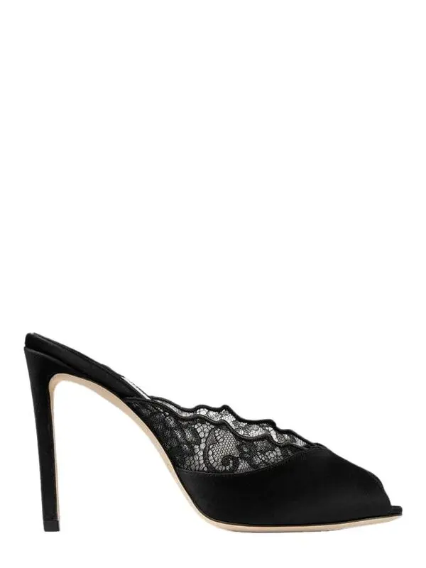 JIMMY CHOO Satin Lace Paneled Mules - Black