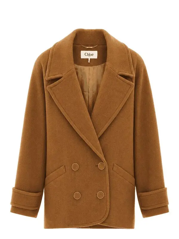 Chloé Short Double-breasted Wool Coat With Herringbone Pattern - Brown