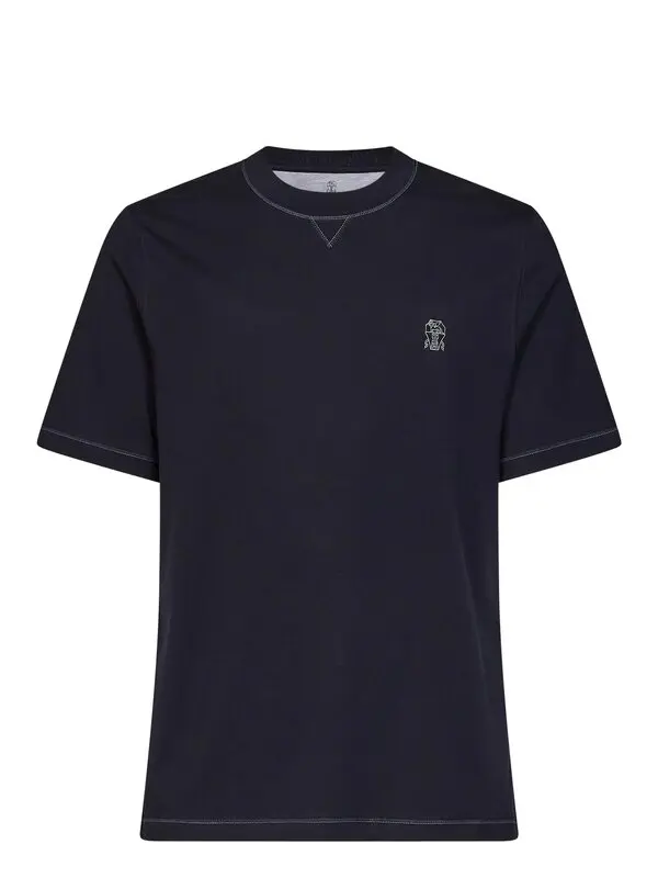 Brunello Cucinelli Navy Blue Solomeo Crest Crewneck T-shirt - Multicolor