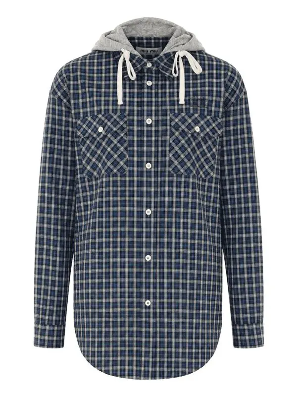 Miu Miu Checked Long-sleeve Shirt With Hood - Blue