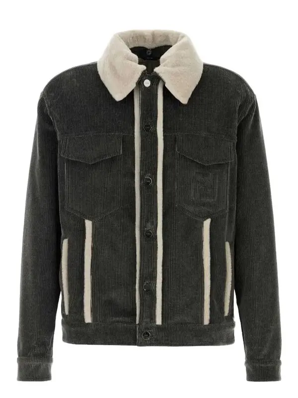 Fendi Faded Stonewash Treatment Corduroy Blouson With Sheepskin Trim Removable Collar - Gray