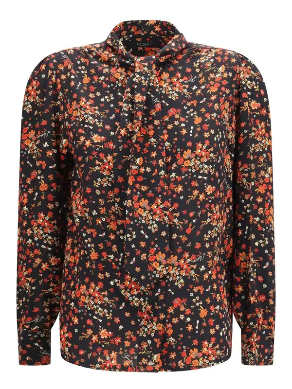 Gucci Silk Flora Print Shirt With Neck Bow - Multicolor