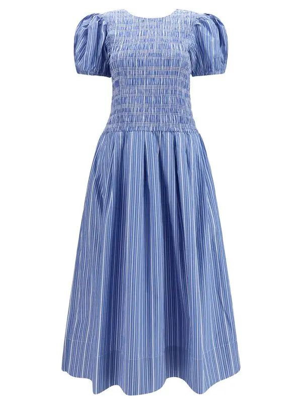 GANNI Striped Cotton Dress With Puff Sleeves - Blue