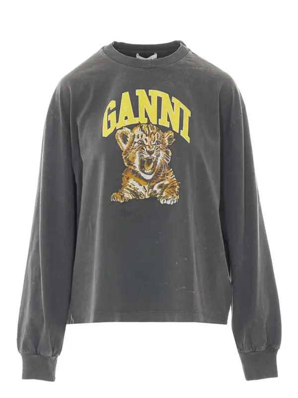 GANNI Graphic Print Long Sleeve T-shirt - Gray