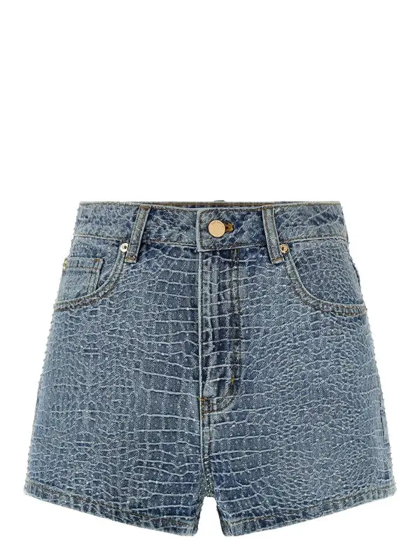 SELF-PORTRAIT Crocodile Effect Rhinestone Denim Shorts - Blue