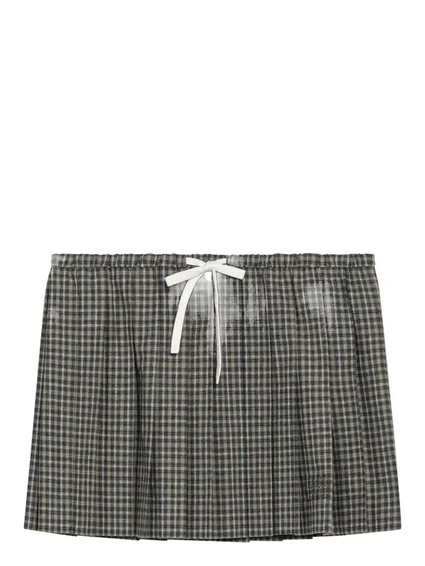 Miu Miu Grey/sand Checked Pleated Mini Skirt - Gray