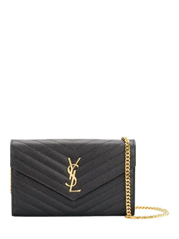 Saint Laurent Classic Cassandre Chain Wallet In Grain De Poudre Leather - Black