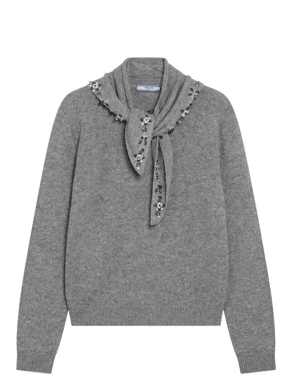 Prada Cashmere Sweater With Jeweled Scarf - Gray