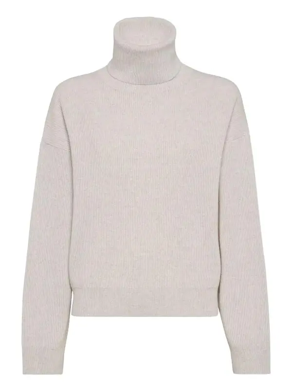 Brunello Cucinelli Cashmere Blend English Ribbed Turtleneck Sweater - Gray