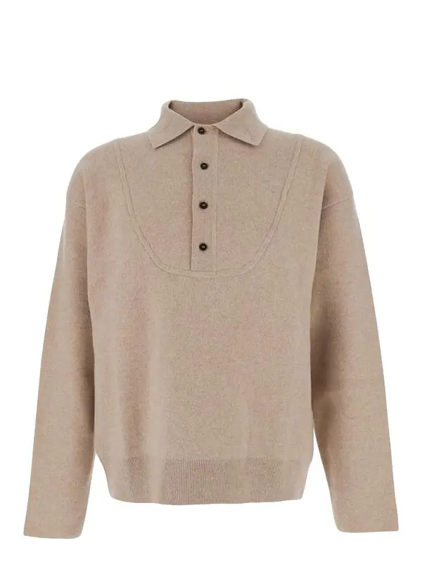Jacquemus Beige Sweater With Polo Collar And Ribbed Details In Wool - Multicolor