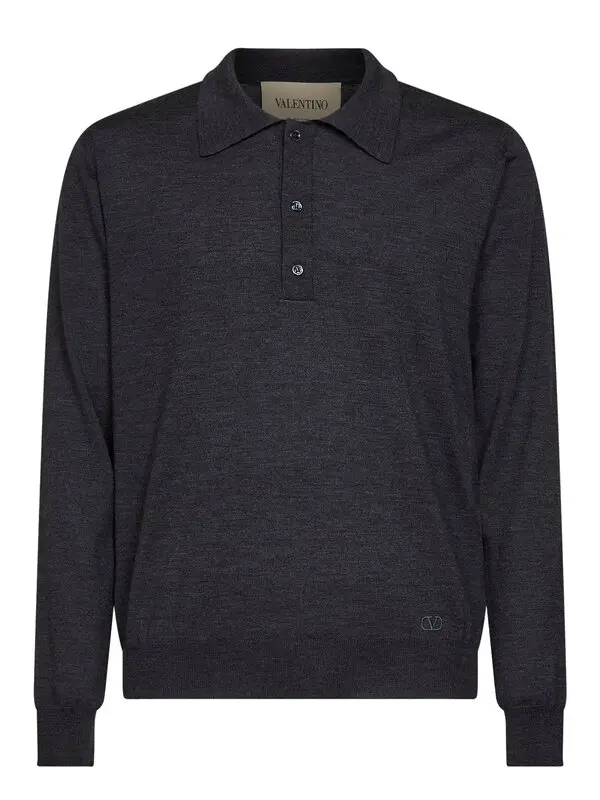 Valentino Garavani Dark Grey Wool Polo Shirt With Vlogo Embroidery - Multicolor