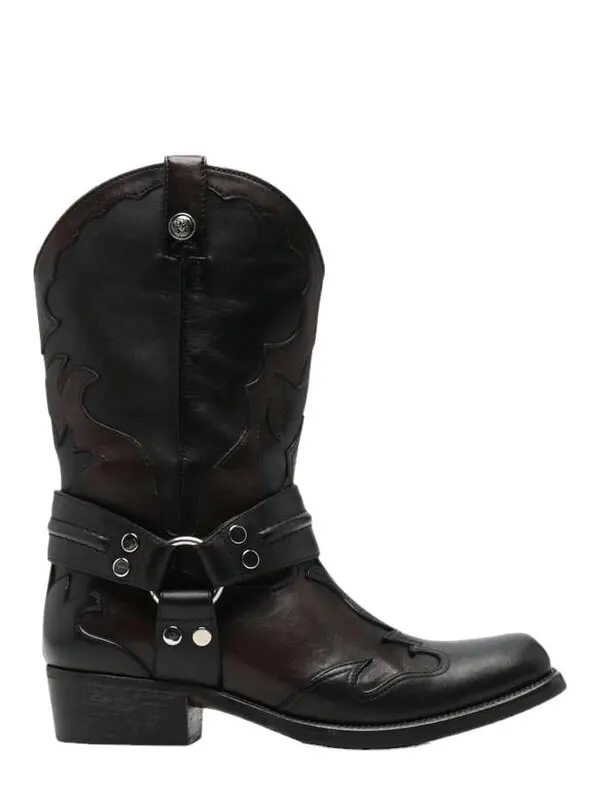 Versace Leather Harness Strap Low Block Heel Shoes - Black