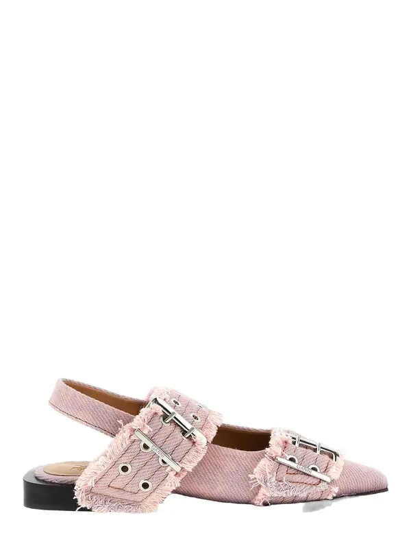 GANNI Feminine Buckle Fringed Denim Slingback Sandals - Pink