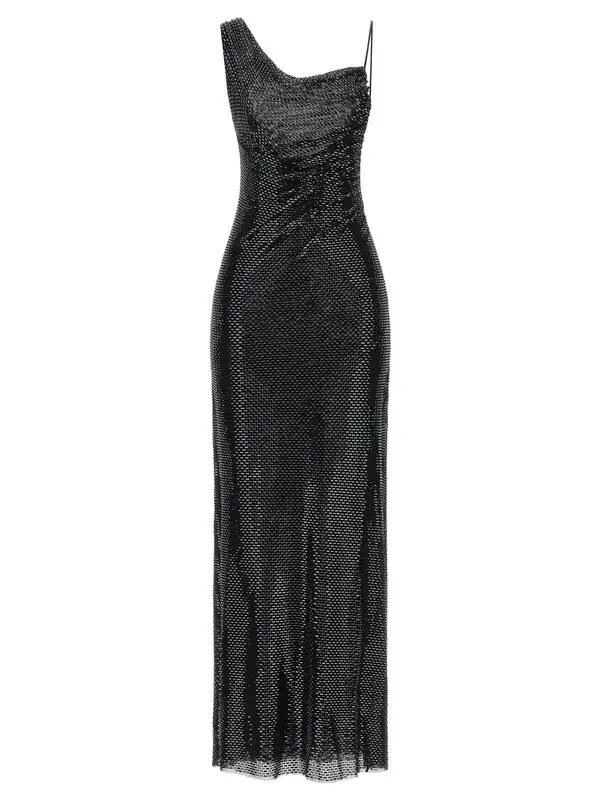 SELF-PORTRAIT Rhinestone Draped Tulle Maxi Dress - Black