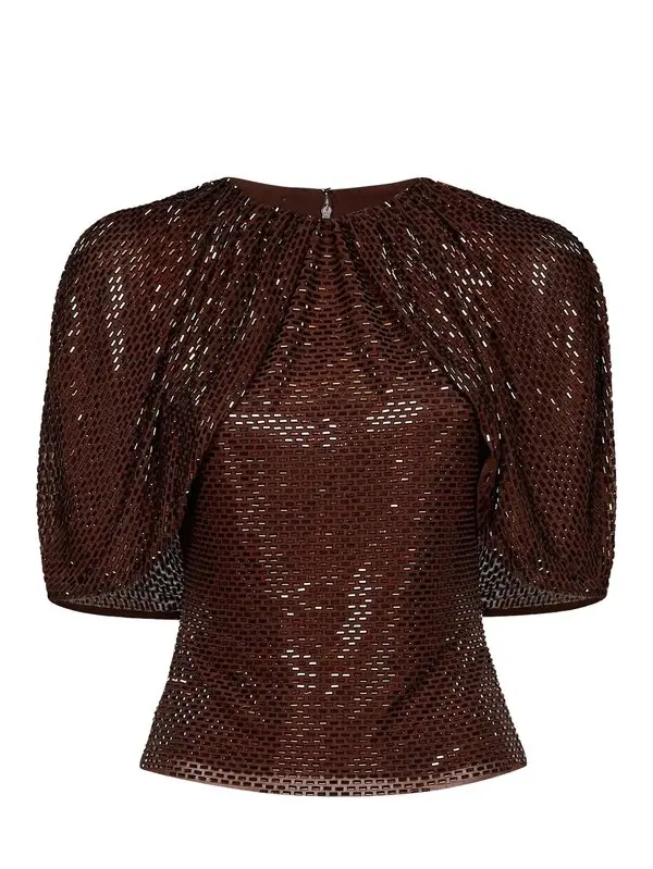 SELF-PORTRAIT Brown Rhinestone-embellished Tulle Top With Cape Sleeves - Multicolor