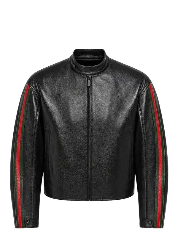 Gucci Leather Biker Jacket With Web Detail - Black