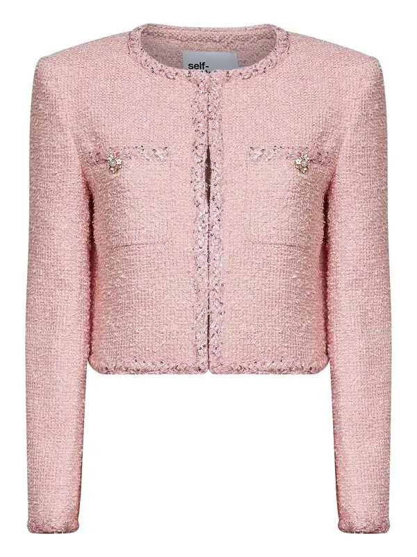 SELF-PORTRAIT Bouclé Cropped Jacket With Braided Trimmings - Multicolor