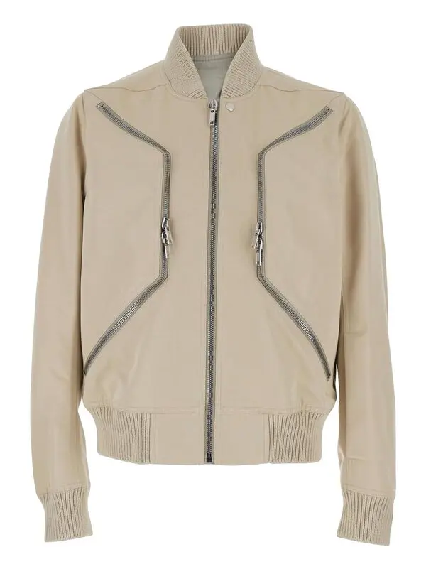 Rick Owens Heizer Flight Bomber Jacket With Bomber Collar And Two Zip Pockets On The Front In Beige Cotton Blend For - Cream