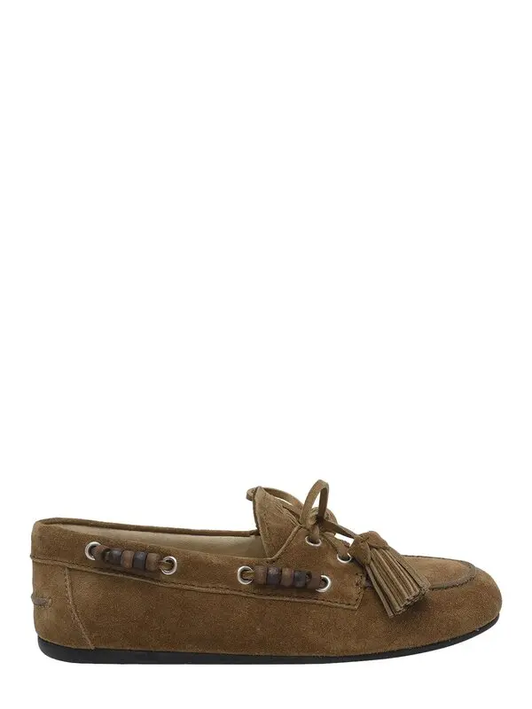 Miu Miu Suede Deck Loafers With Tassels And Logo - Brown