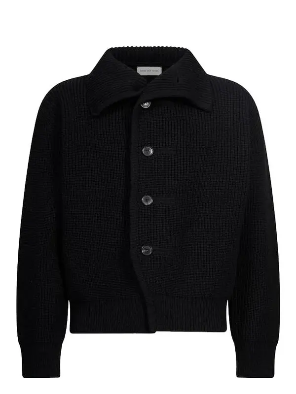 Dries Van Noten Ribbed Knit Wool Cardigan - Black