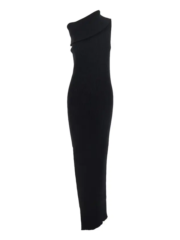 Rick Owens Athena Ribbed Knit Sleeveless Asymmetric Long Dress - Black