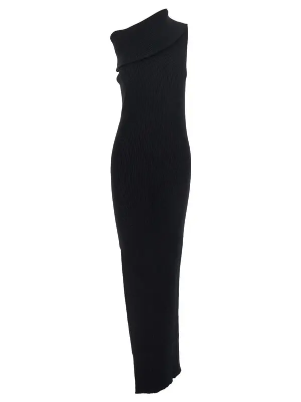 Rick Owens Athena Ribbed Knit Sleeveless Asymmetric Long Dress - Black