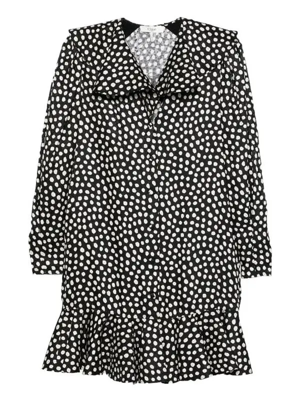 Chloé Polka Dot Ruffled Hem V-neck Long Sleeve Dress - Black