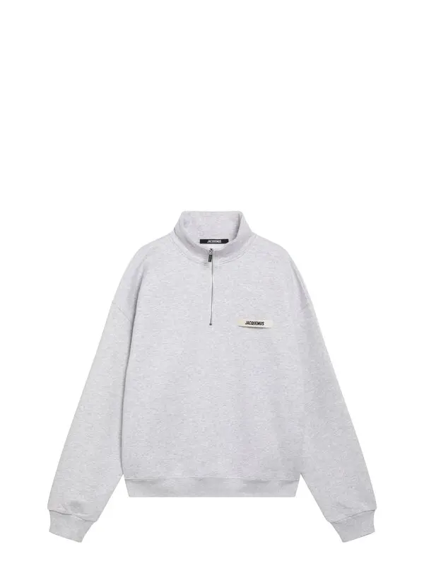 Jacquemus Light Grey Zip-neck Sweatshirt With Gros Grain Logo - Gray