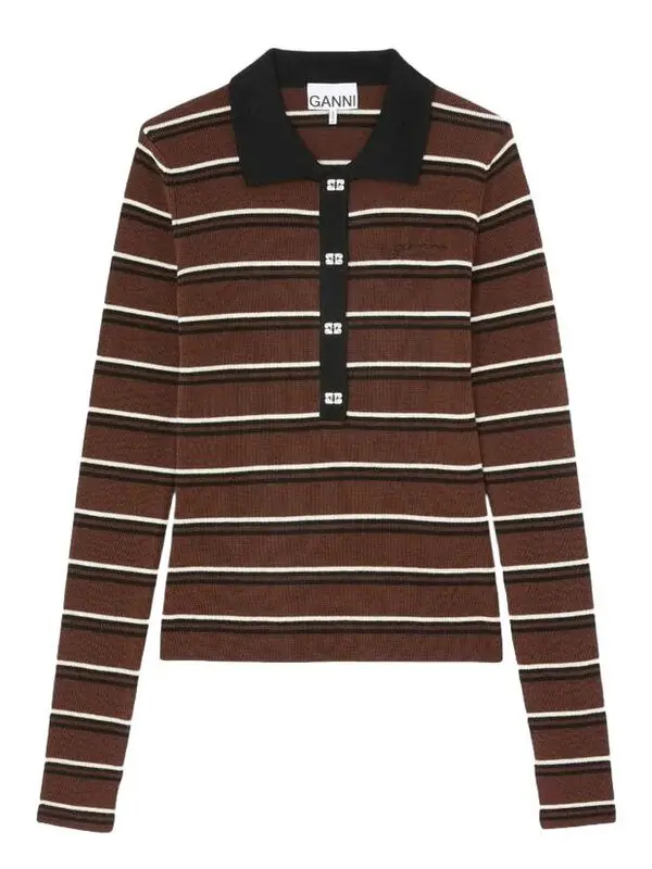 GANNI Striped Ribbed Knit Polo Top - Brown