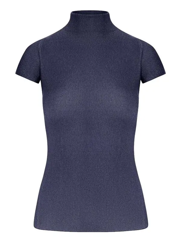 Giorgio Armani Ribbed Viscose Short Sleeve Turtleneck Top - Blue
