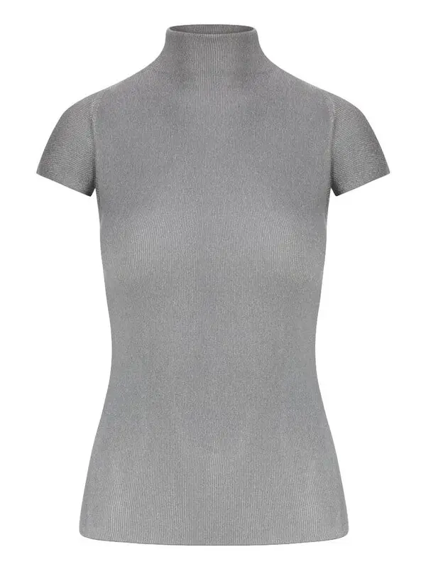 Giorgio Armani English Ribbed Viscose Turtleneck Top With Short Sleeves - Silver