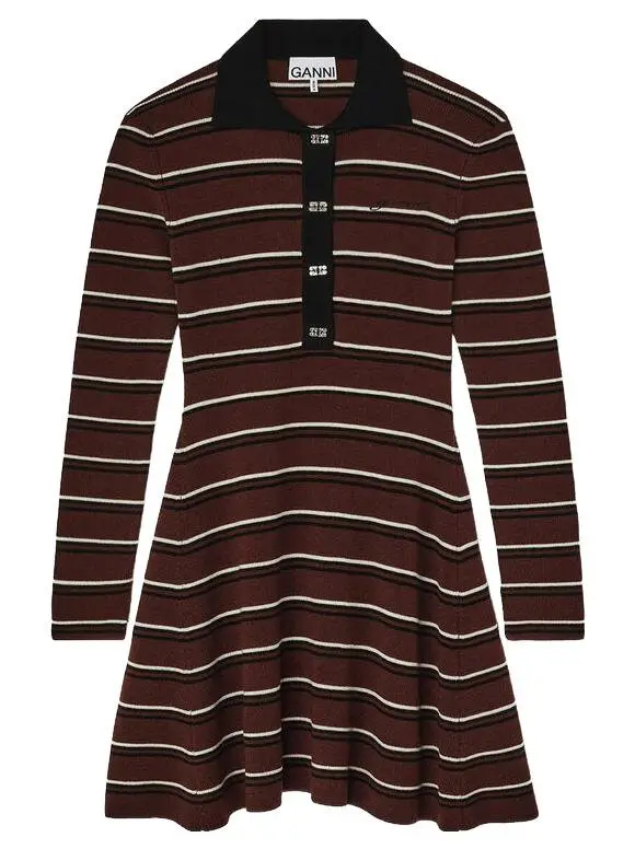 GANNI Striped Merino Wool Day Dress - Brown